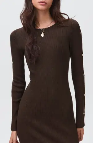 Mango Button Trim Long Sleeve Sweater Dress - Brown