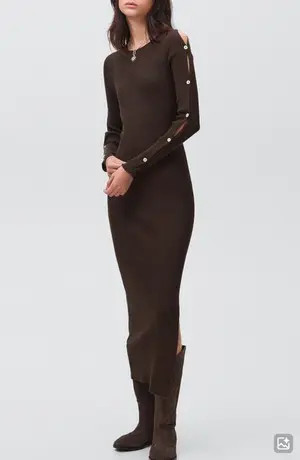 Mango Button Trim Long Sleeve Sweater Dress - Brown