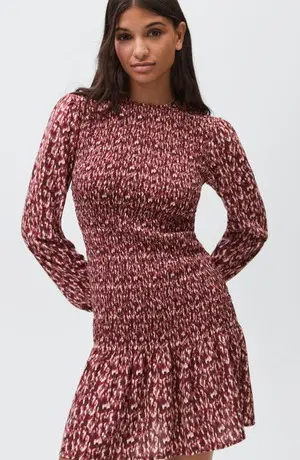 Mango Smocked Floral Long Sleeve Dress - Maroon