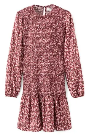 Mango Smocked Floral Long Sleeve Dress - Maroon