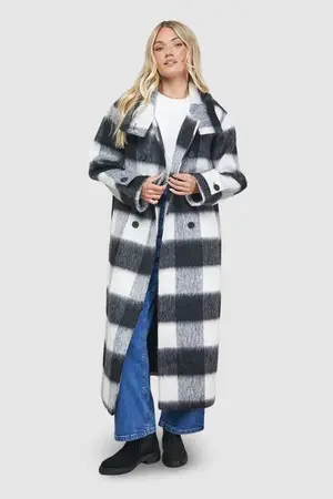 OASIS Brushed Check Funnel Neck Coat