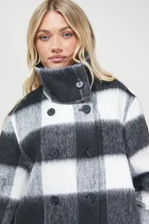 OASIS Brushed Check Funnel Neck Coat