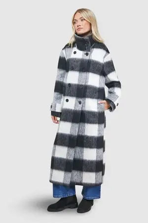 OASIS Brushed Check Funnel Neck Coat - Black
