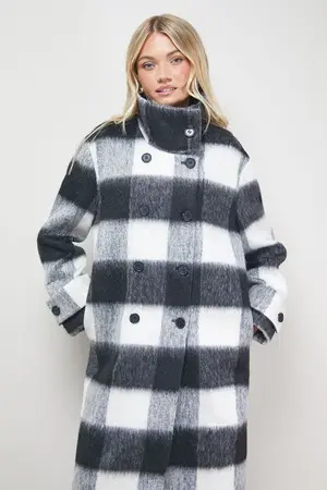 OASIS Brushed Check Funnel Neck Coat