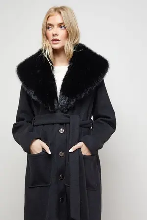OASIS Belted Coat With Faux Fur Collar