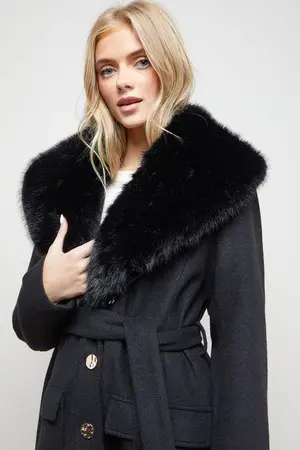 OASIS Belted Coat With Faux Fur Collar