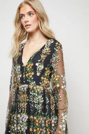 OASIS Open Back Floral Embroidered Midi Dress
