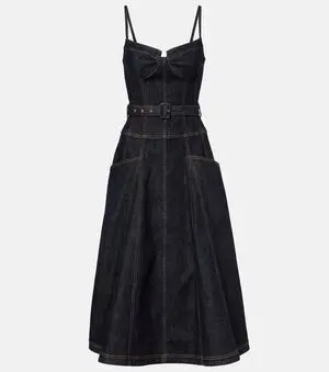 SELF-PORTRAIT Belted Denim Bustier Dress - Blue