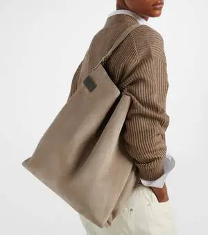Brunello Cucinelli Essence Monili Large Suede Tote Bag - Grey