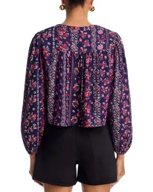 Aqua Paisley Tie-front Long-sleeve Top