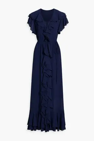 MIKAEL AGHAL Ruffled Crepe De Chine Maxi Dress - Navy
