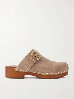 Chloé Jeannette Embellished Suede Clogs - Brown