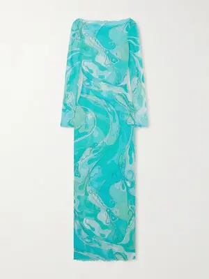 Emilio Pucci Ruffled Printed Tulle Maxi Dress - Blue