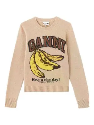 GANNI Graphic Print Wool Blend Sweater - Neutrals