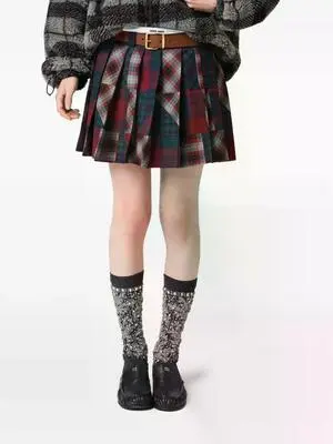 Miu Miu Pleated Plaid Patchwork Wool Miniskirt