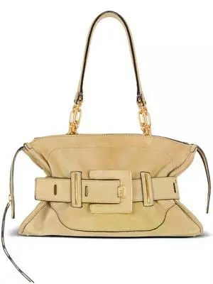 Balmain Anthem Suede Buckle Shoulder Bag Neutrals
