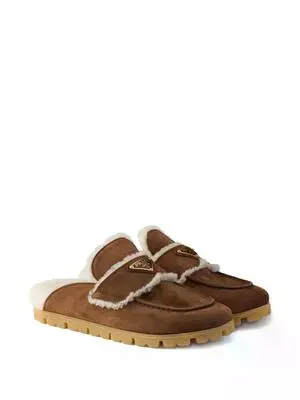 Prada Suede Shearling Mules - Brown