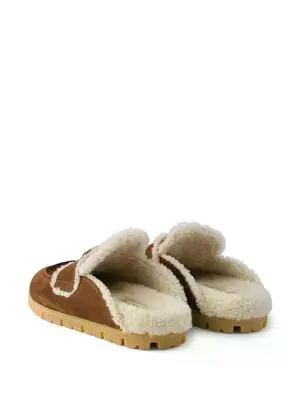Prada Suede Shearling Mules - Brown