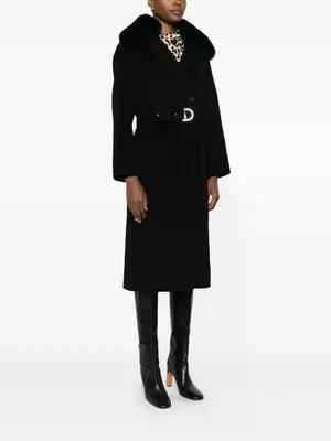 Maje Belted Coat With Faux Fur Collar
