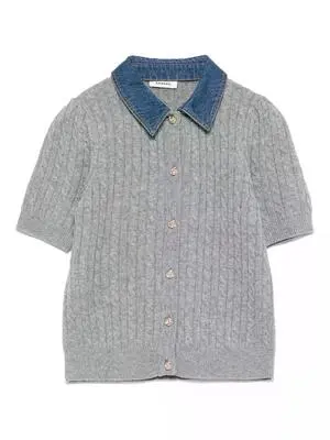 Sandro Short Sleeve Cable-knit Cardigan With Removable Denim Collar - Grey