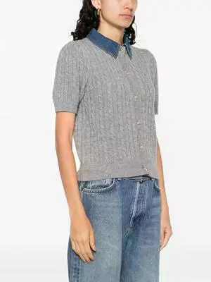 Sandro Short Sleeve Cable-knit Cardigan With Removable Denim Collar - Grey