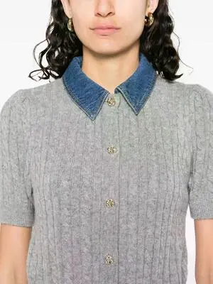 Sandro Short Sleeve Cable-knit Cardigan With Removable Denim Collar - Grey
