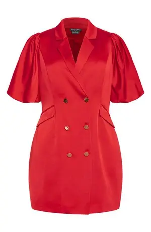 City Chic Satin Blazer Dress With Short Sleeves - Red
