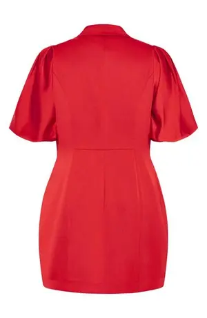 City Chic Satin Blazer Dress With Short Sleeves - Red