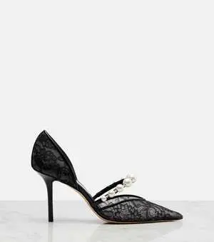 JIMMY CHOO Aurelie 85 Lace And Leather Pumps - Black