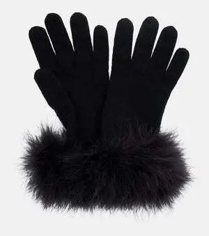 Valentino Garavani Vlogo Feather-trimmed Virgin Wool Gloves - Black