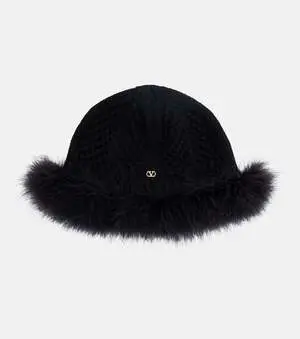 Valentino Garavani Vlogo Feather-trimmed Virgin Wool Beanie - Black