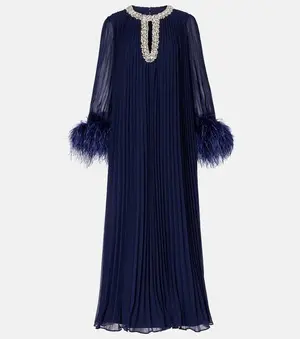 SELF-PORTRAIT Embellished Feather-trimmed Chiffon Maxi Dress - Blue