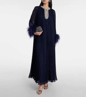 SELF-PORTRAIT Embellished Feather-trimmed Chiffon Maxi Dress - Blue