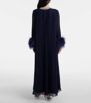 SELF-PORTRAIT Embellished Feather-trimmed Chiffon Maxi Dress - Blue