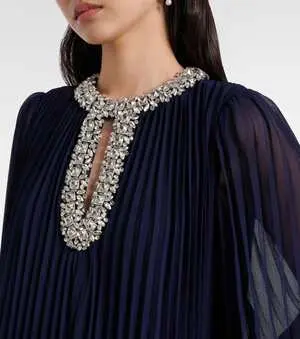 SELF-PORTRAIT Embellished Feather-trimmed Chiffon Maxi Dress - Blue