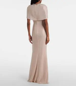SELF-PORTRAIT Embellished Caped Maxi Dress - Beige