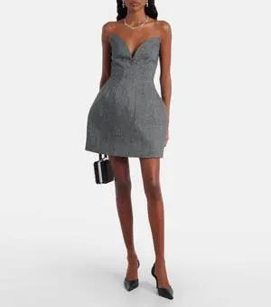 SELF-PORTRAIT Herringbone Wool-blend Bustier Dress