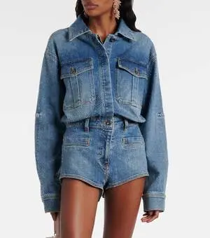 SELF-PORTRAIT Embellished Denim Romper