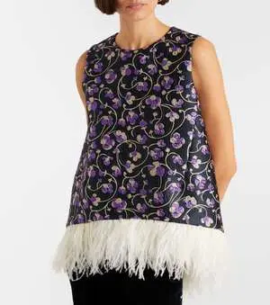 La DoubleJ La Scala Feather-trimmed Jacquard Top - Multicoloured