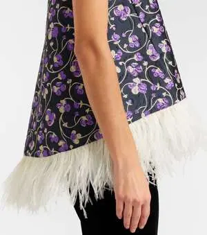 La DoubleJ La Scala Feather-trimmed Jacquard Top - Multicoloured