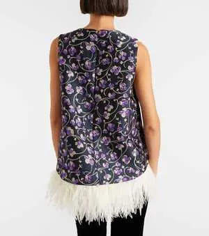 La DoubleJ La Scala Feather-trimmed Jacquard Top - Multicoloured