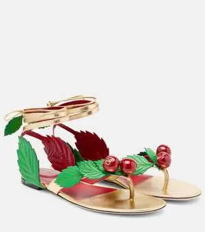 Valentino Garavani Cherryfic Metallic Leather Thong Sandals - Gold