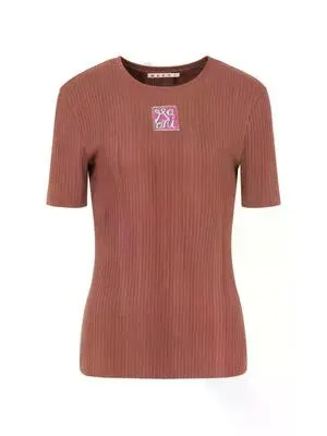 Marni Ribbed Knit T-shirt With Embroidered Logo - Brown