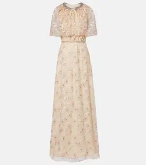 SELF-PORTRAIT Embellished Floral Caped Maxi Dress