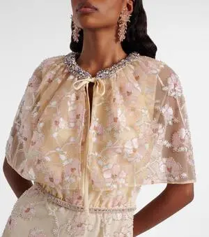SELF-PORTRAIT Embellished Floral Caped Maxi Dress