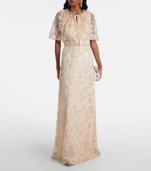 SELF-PORTRAIT Embellished Floral Caped Maxi Dress