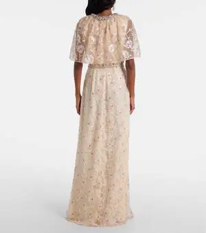 SELF-PORTRAIT Embellished Floral Caped Maxi Dress