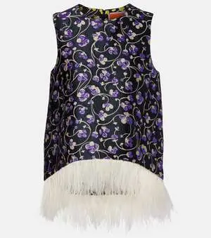 La DoubleJ La Scala Feather-trimmed Jacquard Top - Multicoloured