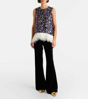 La DoubleJ La Scala Feather-trimmed Jacquard Top - Multicoloured