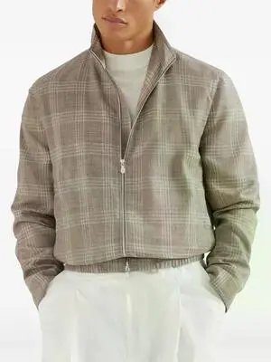 Brunello Cucinelli Checked Stand Collar Bomber Jacket - Neutrals